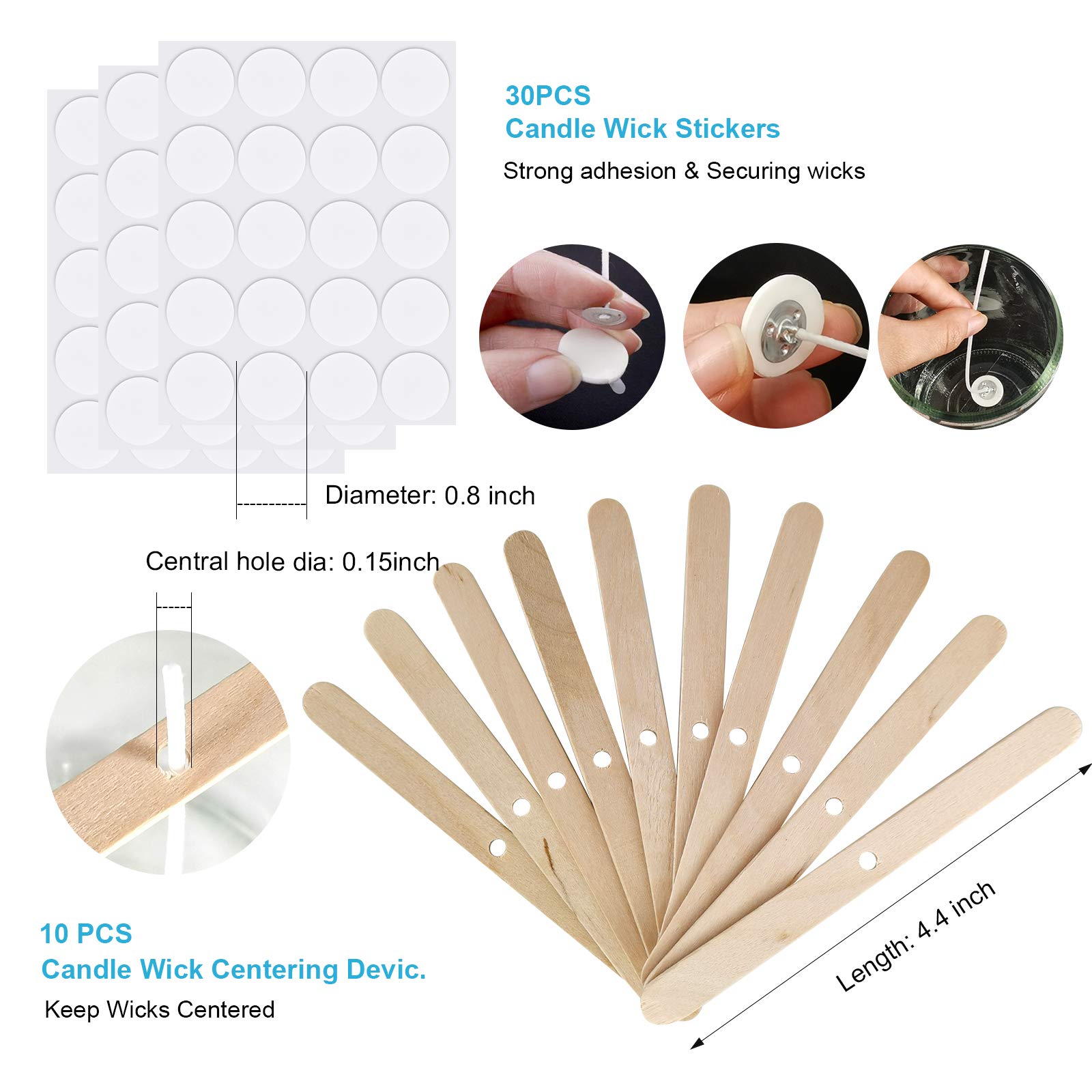 Candle Wicks 100 Pcs 6 inch with 30Pcs Candle Wick Stickers and 10 Pcs Wooden Candle Wick Centering Device for Soy Beeswax Candle Making and Candle DIY