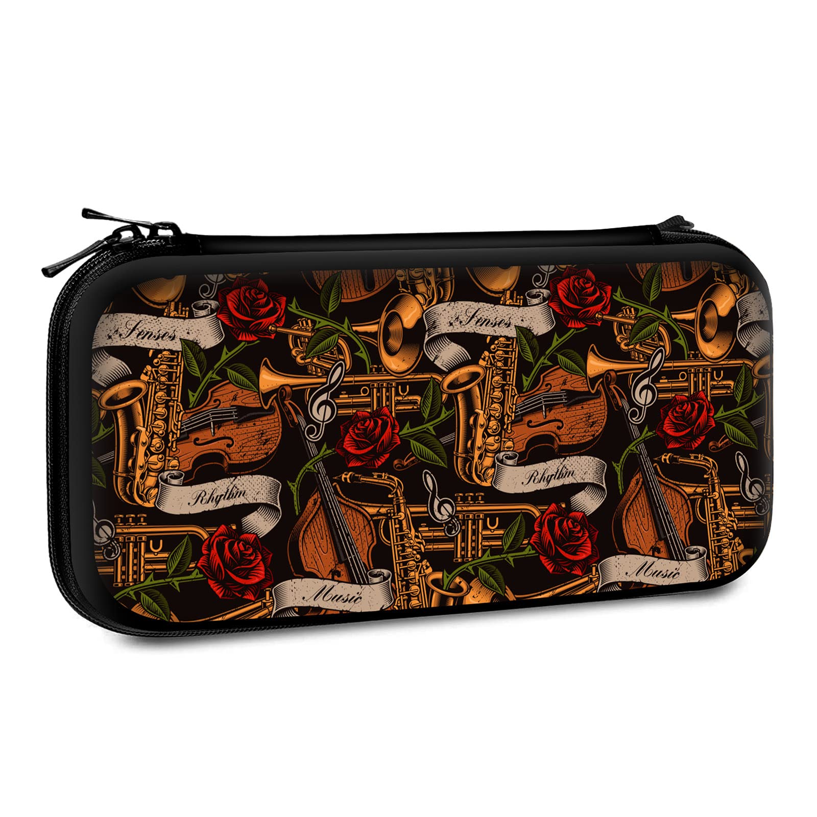 Carrying Case Compatible with Switch 2017 / Switch OLED 2021 Console Joy-Con with 10 Game Card Slots , Musical Instruments, Roses and Vintage Ribbon