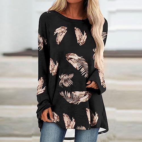 Women's Tops Leopard Print Long Sleeve Crew Neck T Shirts Color Block Floral Print Loose Hide Belly Fat Blouses
