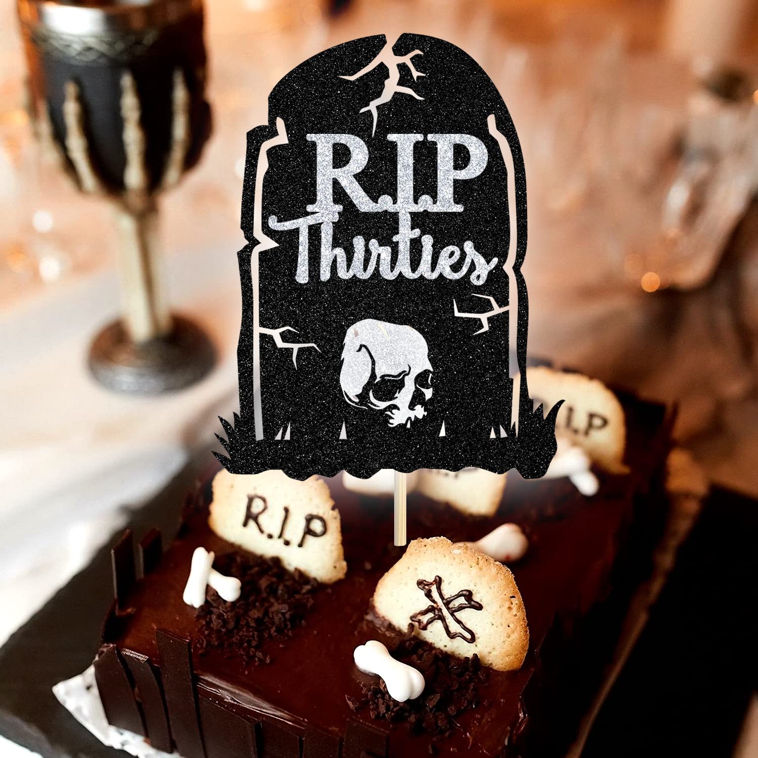 Rip Thirties Cake Topper, Death to My Youth/Rip to My 30th Cake Decor, Happy 40th Bithday Party Decoration Supplies, Black and Silver Glitter