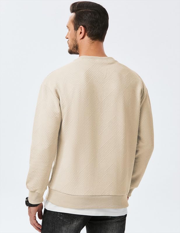 Dokotoo Men Men's Crew Neck Sweatshirts Soild Color Geometric Texture Long Sleeve Casual Pullover Shirts Beige 3X-Large