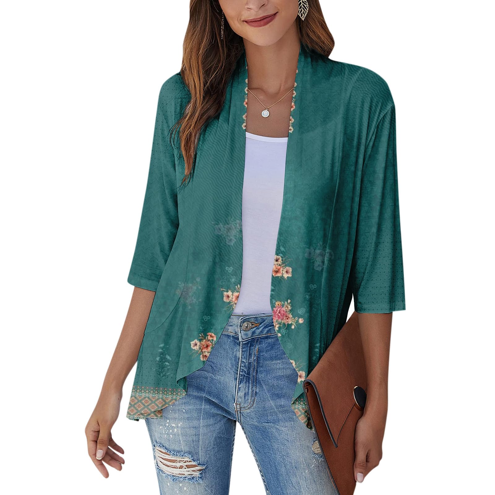 Cardigan Sweater for Women Retro Print Casual Duster Cardigans Lightweight Jackets 3/4 Sleeve Blouse Tops Coat Floral Jackets for Women Dance Dresses for WomenοΌ2-Dark Green,XX-LargeοΌ