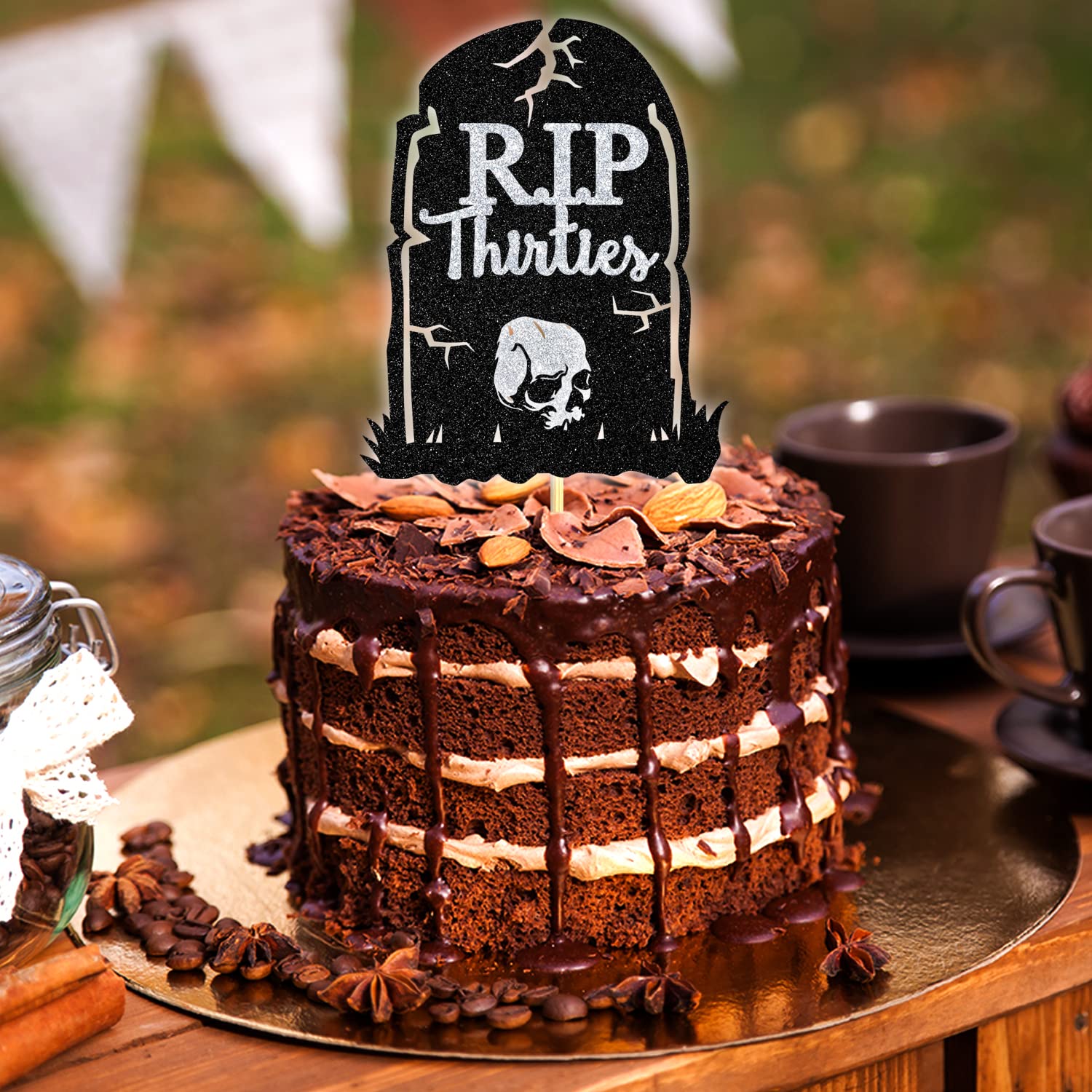 Rip Thirties Cake Topper, Death to My Youth/Rip to My 30th Cake Decor, Happy 40th Bithday Party Decoration Supplies, Black and Silver Glitter