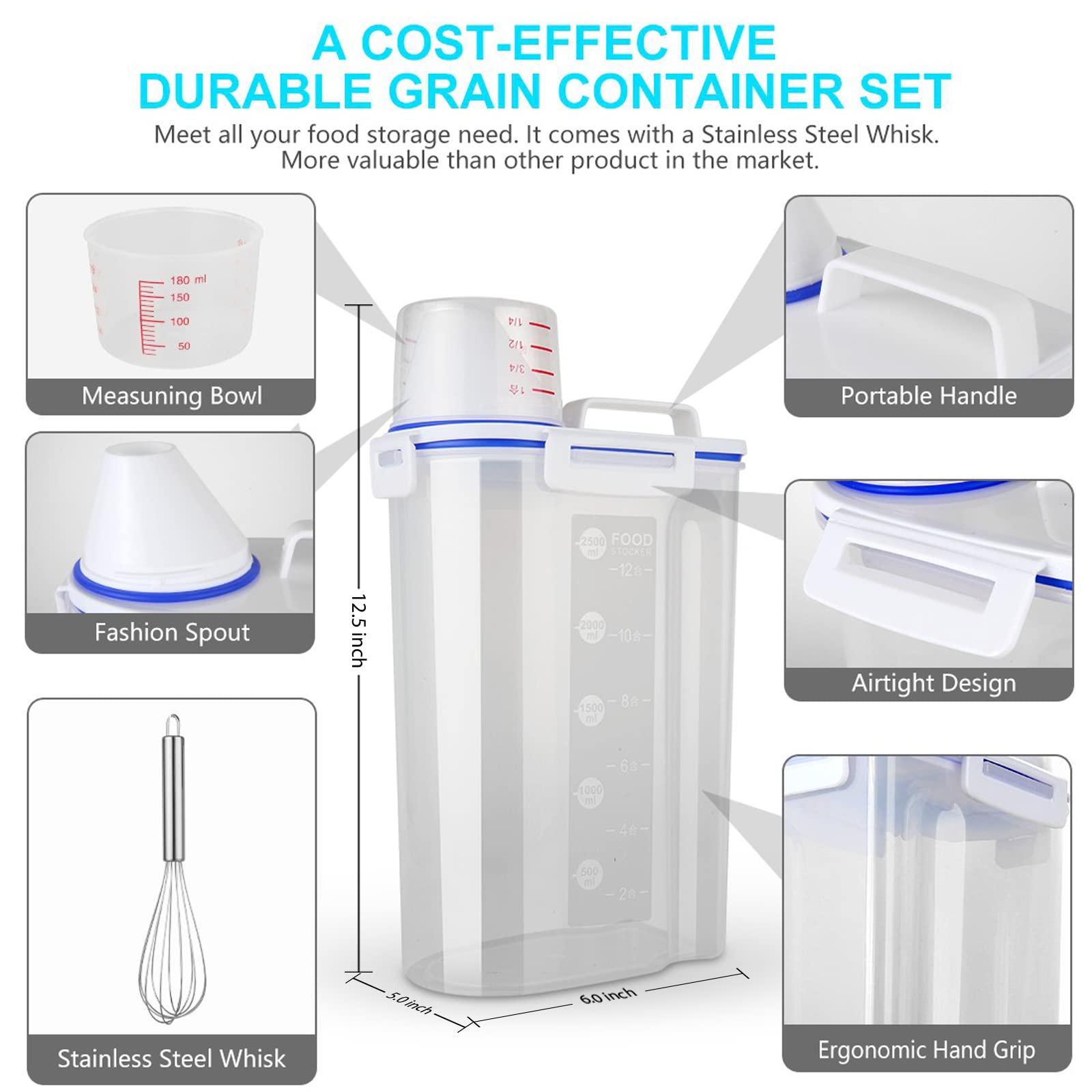 Uppetly Rice Airtight Dry Food Storage Containers, BPA Free Plastic Sealed Holder Bin Dispenser with Pouring Spout, Measuring Cup for Cereal, Flour and Oatmeal, Include a Stainless Steel Whisk