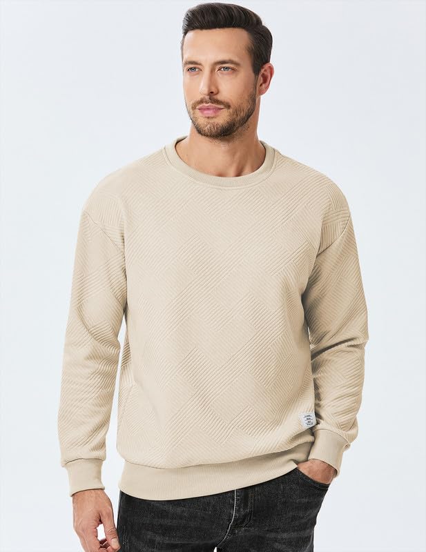 Dokotoo Men Men's Crew Neck Sweatshirts Soild Color Geometric Texture Long Sleeve Casual Pullover Shirts Beige 3X-Large