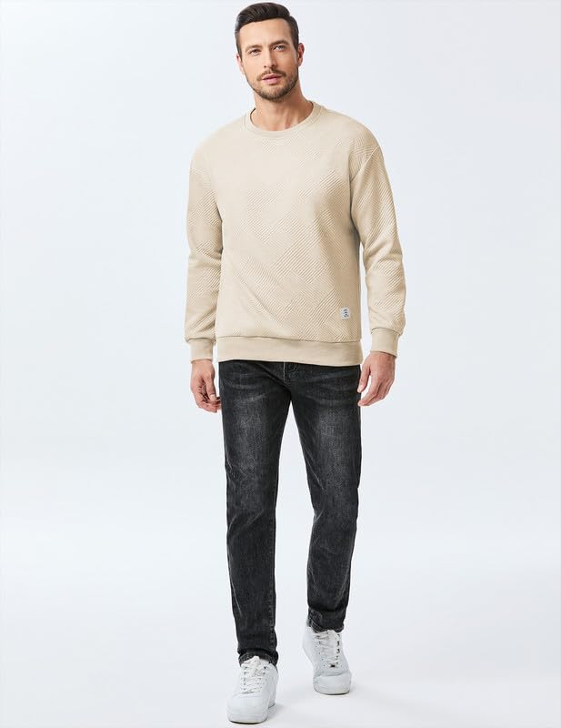 Dokotoo Men Men's Crew Neck Sweatshirts Soild Color Geometric Texture Long Sleeve Casual Pullover Shirts Beige 3X-Large