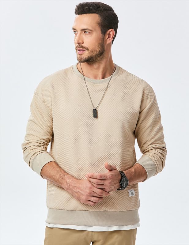 Dokotoo Men Men's Crew Neck Sweatshirts Soild Color Geometric Texture Long Sleeve Casual Pullover Shirts Beige 3X-Large