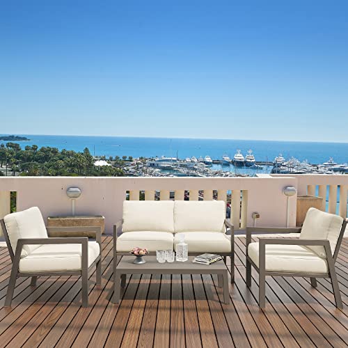 Bella Villa Patio Furniture Set - 4 Piece Outdoor Metal Frame All-Weather Sofa Set with 1 Loveseat 2 Patio Chairs, 1 Coffee Table for Lawn, Backyard, Deck, Garden (White)