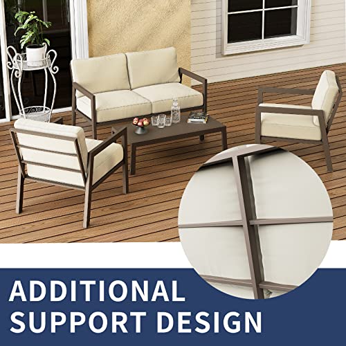 Bella Villa Patio Furniture Set - 4 Piece Outdoor Metal Frame All-Weather Sofa Set with 1 Loveseat 2 Patio Chairs, 1 Coffee Table for Lawn, Backyard, Deck, Garden (White)