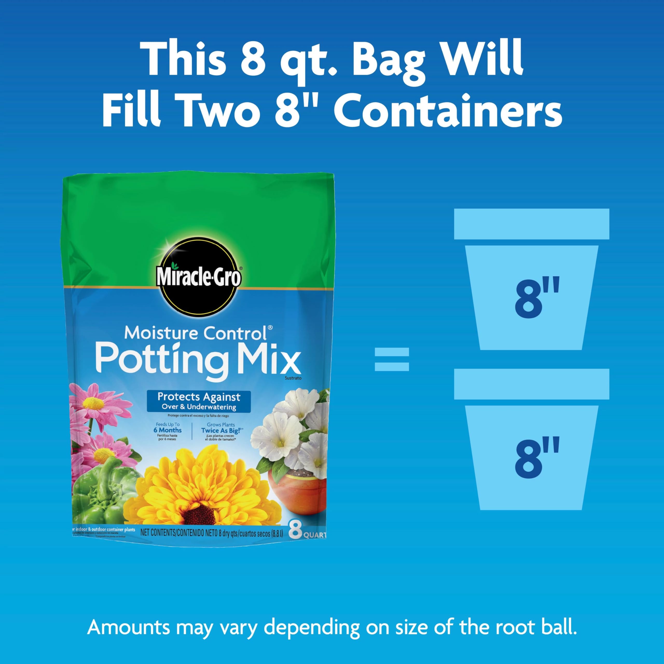 Miracle-Gro Moisture Control Potting Mix - Soil for Indoor & Outdoor Containers, Added Fertilizer Feeds Up to 6 Months, 8 qt.