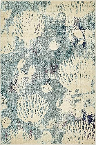 Unique Loom Positano Collection Coastal Modern Coral Lobster Shells Light Blue Area Rug (4' x 6')