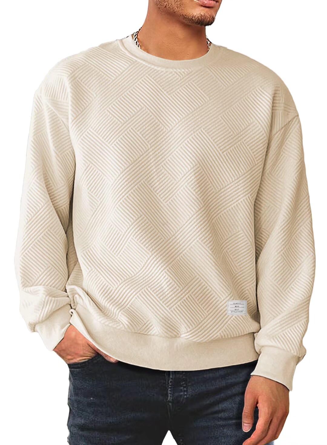 Dokotoo Men Men's Crew Neck Sweatshirts Soild Color Geometric Texture Long Sleeve Casual Pullover Shirts Beige 3X-Large