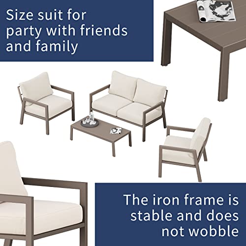 Bella Villa Patio Furniture Set - 4 Piece Outdoor Metal Frame All-Weather Sofa Set with 1 Loveseat 2 Patio Chairs, 1 Coffee Table for Lawn, Backyard, Deck, Garden (White)