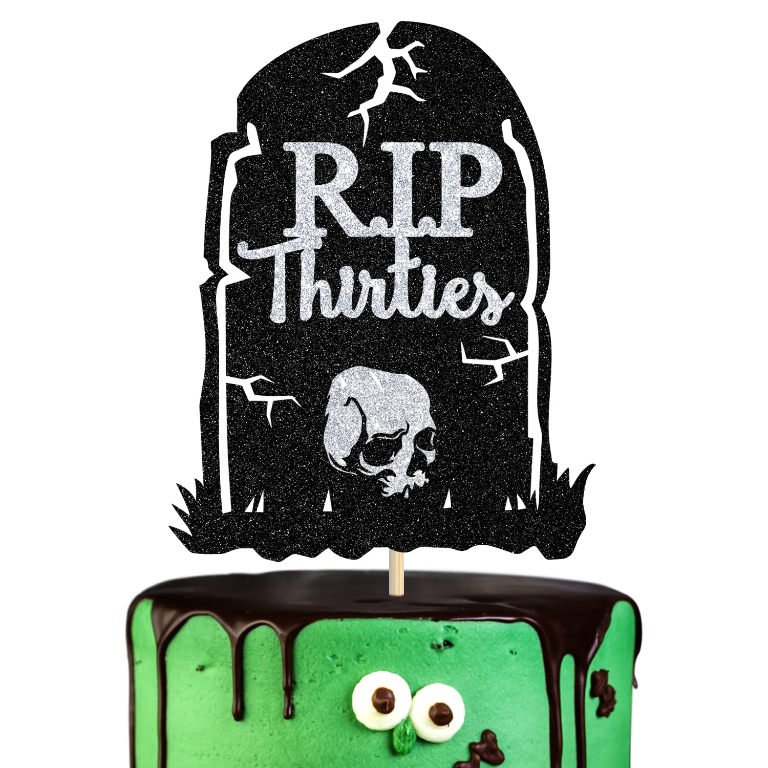 Rip Thirties Cake Topper, Death to My Youth/Rip to My 30th Cake Decor, Happy 40th Bithday Party Decoration Supplies, Black and Silver Glitter