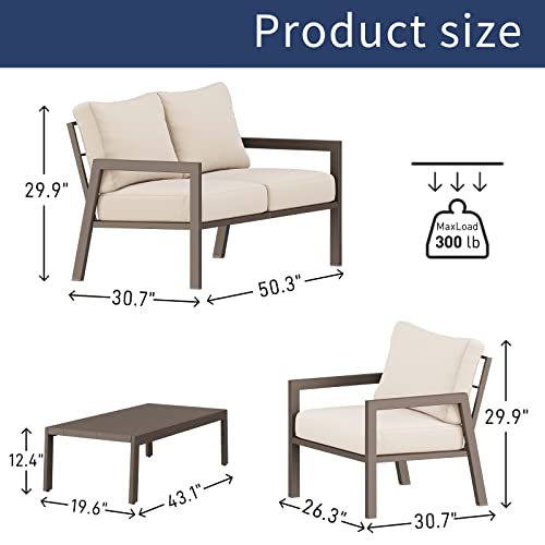 Bella Villa Patio Furniture Set - 4 Piece Outdoor Metal Frame All-Weather Sofa Set with 1 Loveseat 2 Patio Chairs, 1 Coffee Table for Lawn, Backyard, Deck, Garden (White)