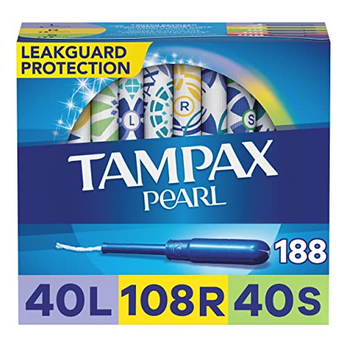 Tampax Pearl Plastic Tampons, Light/Regular/Super Absorbency Multipack, 188 Count, Unscented (47 Count, Pack of 4 - 188 Count Total) - Packaging May Vary