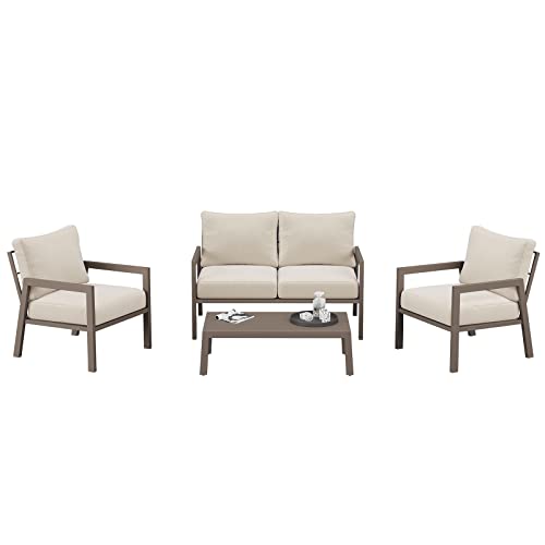 Bella Villa Patio Furniture Set - 4 Piece Outdoor Metal Frame All-Weather Sofa Set with 1 Loveseat 2 Patio Chairs, 1 Coffee Table for Lawn, Backyard, Deck, Garden (White)