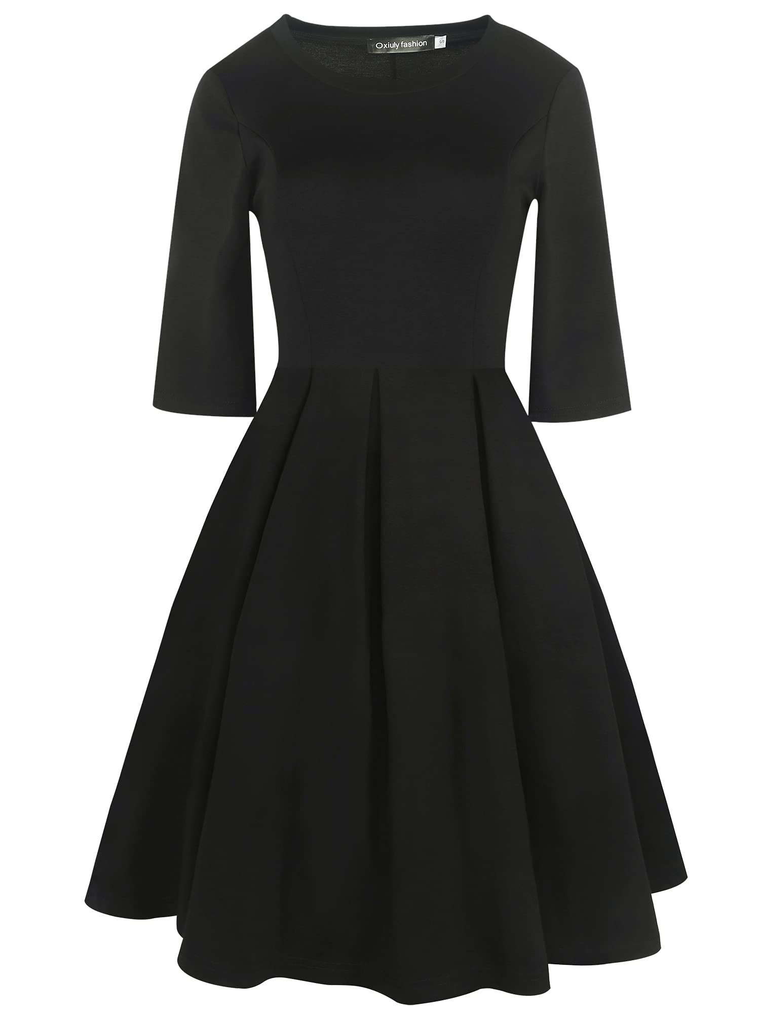 oxiuly Women's Vintage Half Sleeve O-Neck Contrast Casual Pockets Party Swing Dress OX253 (Black Solid, S)