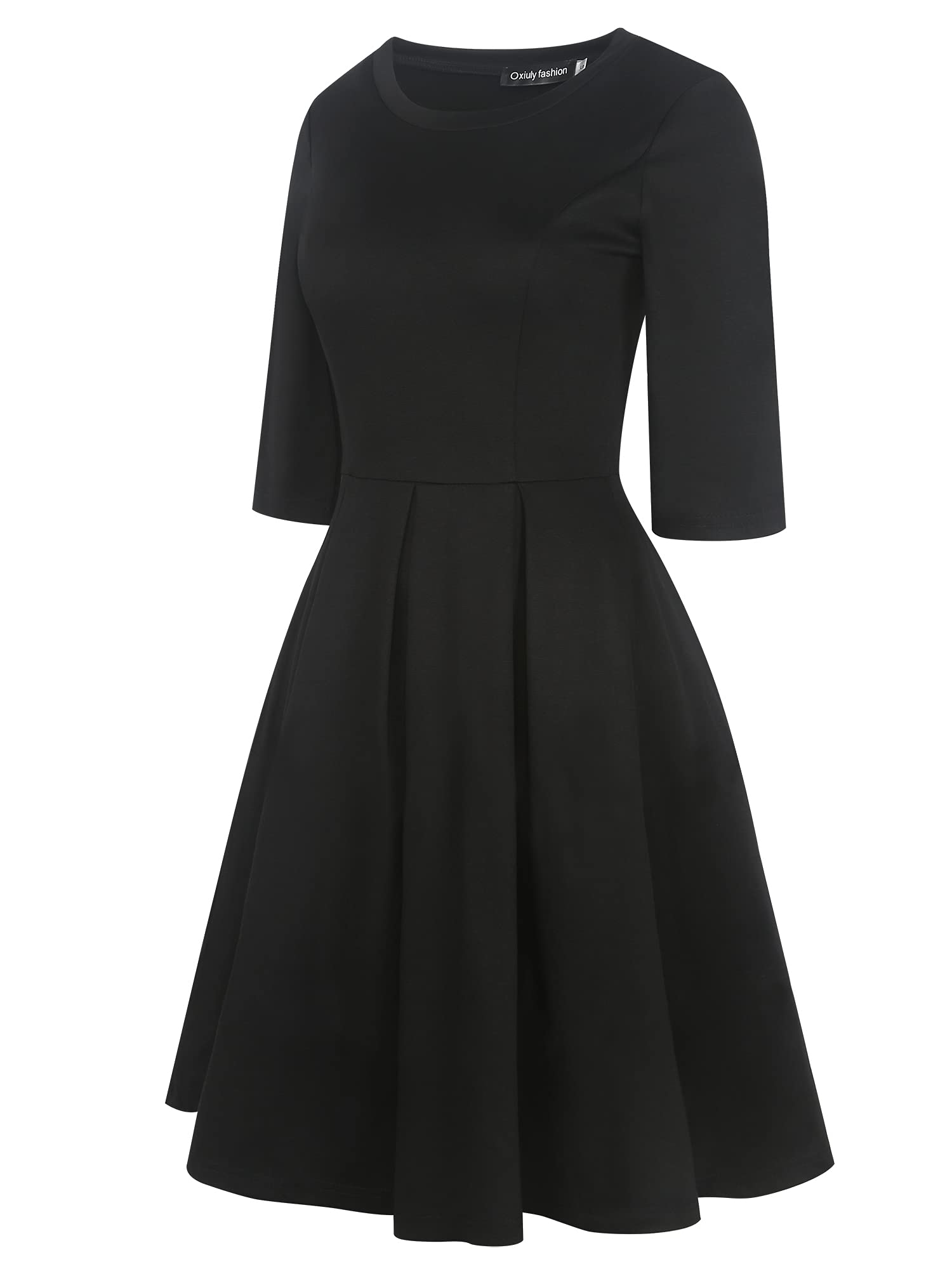 oxiuly Women's Vintage Half Sleeve O-Neck Contrast Casual Pockets Party Swing Dress OX253 (Black Solid, S)