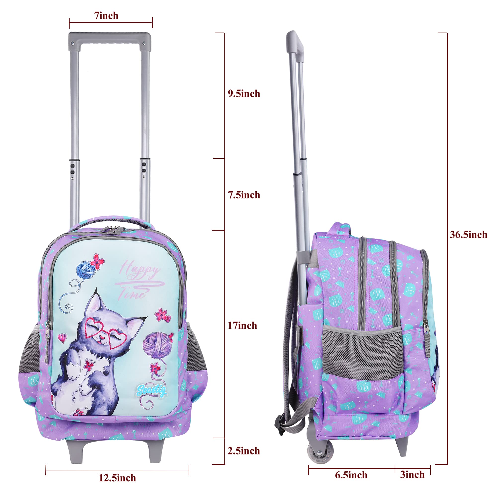 seastig Rolling Backpack for Kids Wheeled Backpack Double Handle Wheeled Backpack with Lunch Bag and Pencil Case Set