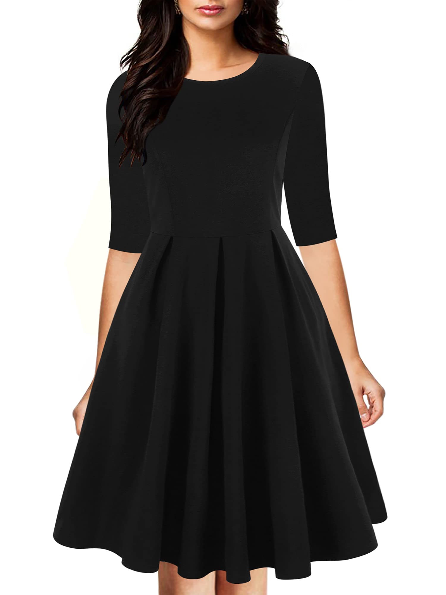 oxiuly Women's Vintage Half Sleeve O-Neck Contrast Casual Pockets Party Swing Dress OX253 (Black Solid, S)