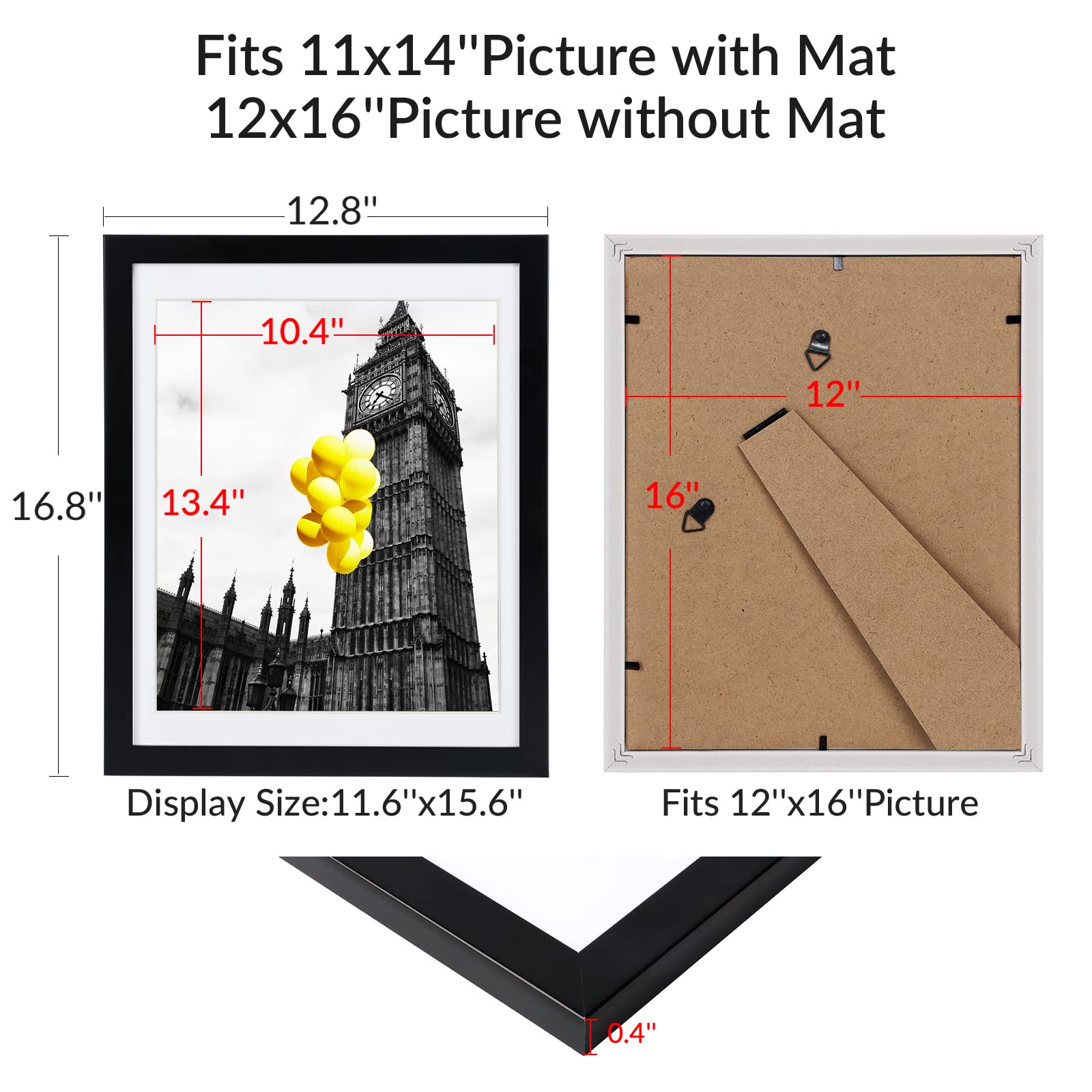 BSRHOME 12x16 Picture Frames Set of 6 with Plexiglass, Display Pictures 11x14 with Mat or 12x16 Without Mat for Tabletop Display and Wall Mounting,Black