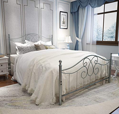 YERPERFO Vintage Sturdy Metal Bed Frame Queen Size with Vintage Headboard and Footboard Platform Base Bed Frame No Box Spring Needed Steel Bed，Gray Silver，Queen.
