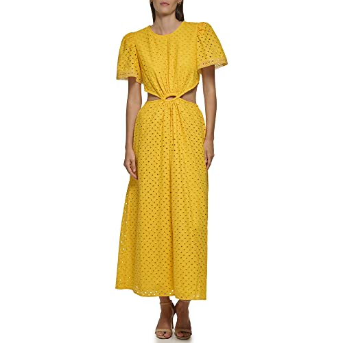 Karl Lagerfeld Paris Women's Lace Cut Outs Long Dress, Lemon Chrome, 0