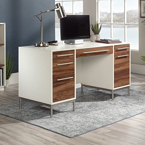 SauderĀ® Vista Key 60"W Executive Desk, Pearl Oak/Blaze Acacia