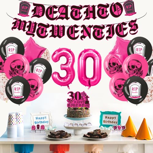 Death to My 20s Decorations - 30th Birthday Decorations for Her, Black Red 30th Birthday Party Supplies with Banner, Rip to My 20s Sash, 30th Balloon, Cake Topper