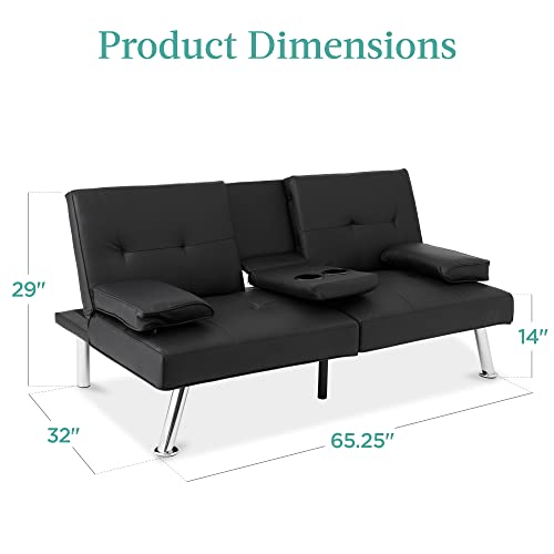 Best Choice Products Faux Leather Upholstered Modern Convertible Folding Futon Sofa Bed for Compact Living Space, Apartment, Dorm, Bonus Room w/Removable Armrests, Metal Legs, 2 Cupholders - Black