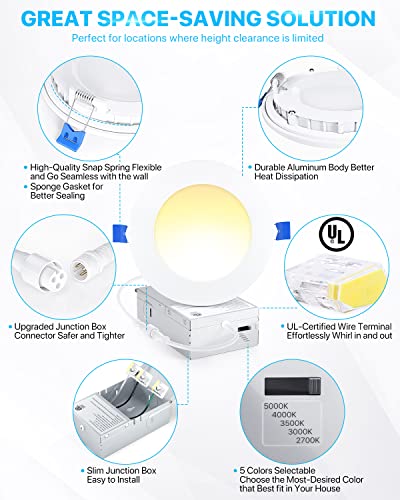 Ensenior 16 Pack Ultra-Thin LED Recessed Lighting 6 Inch 5CCT with Junction Box, 2700K-5000K Selectable, 12W 110W Eqv, Dimmable Can-Killer Downlight, 1050LM High Brightness - ETL&Energy Star
