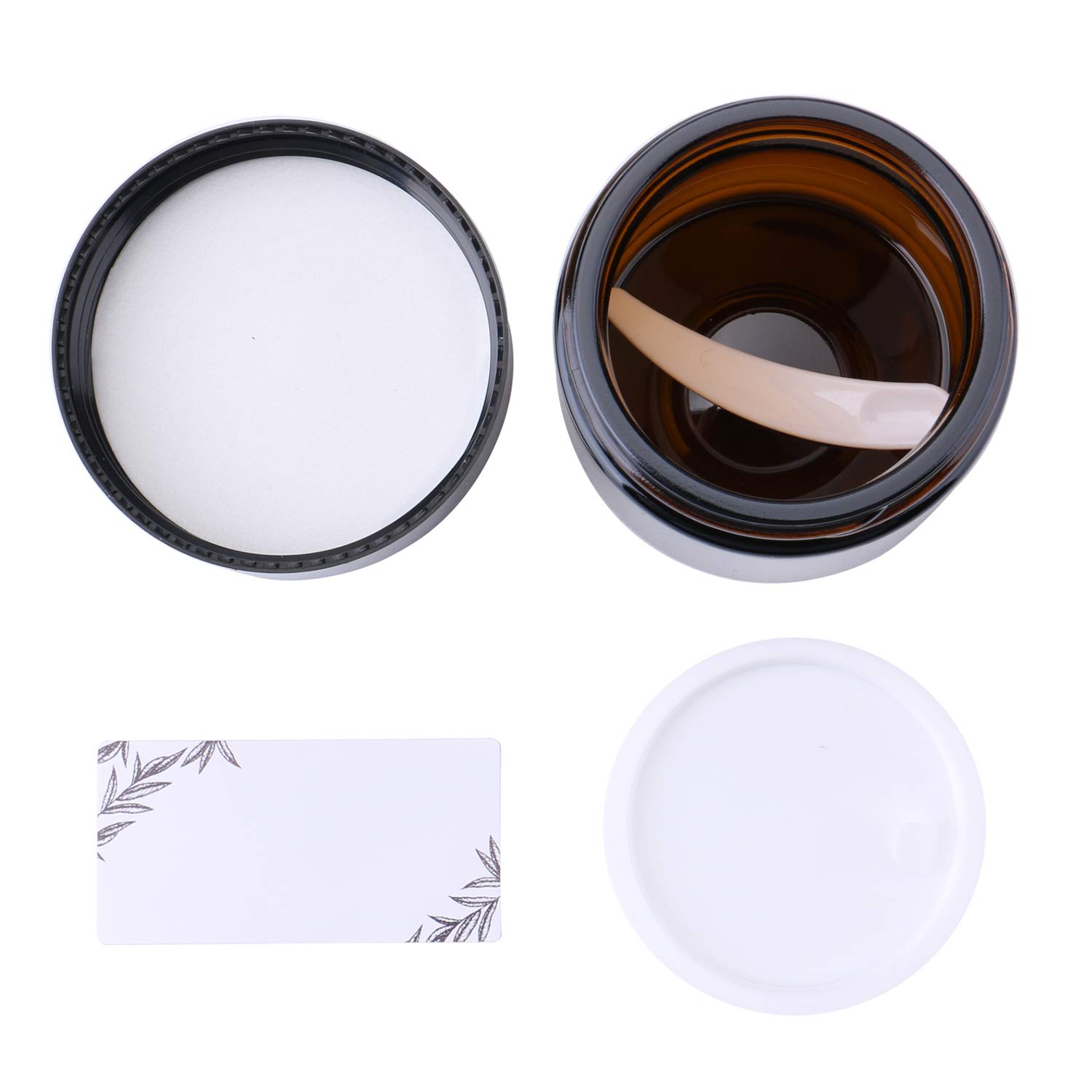 2 oz Round Glass Jars (6 Pack) - Empty Cosmetic Containers with Inner Liners, black Lids and Glass Sample Jars with lables (Amber) by THETIS Homes