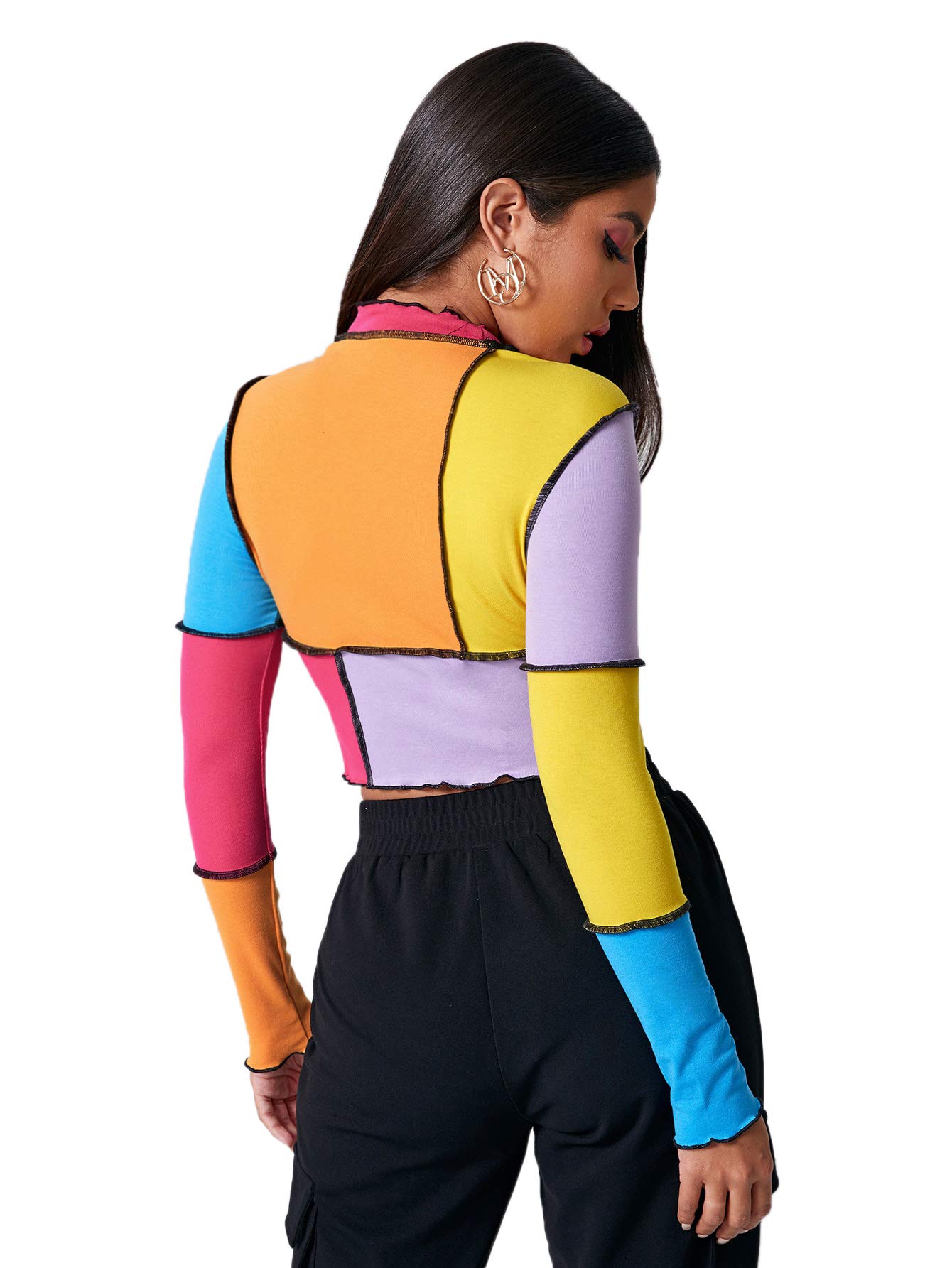 SweatyRocks Women's Color Block Ribbed Knit Slim Fitted Long Sleeve Crop Tee Shirt Top Tie Dye Orange Purple S