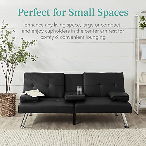Best Choice Products Faux Leather Upholstered Modern Convertible Folding Futon Sofa Bed for Compact Living Space, Apartment, Dorm, Bonus Room w/Removable Armrests, Metal Legs, 2 Cupholders - Black