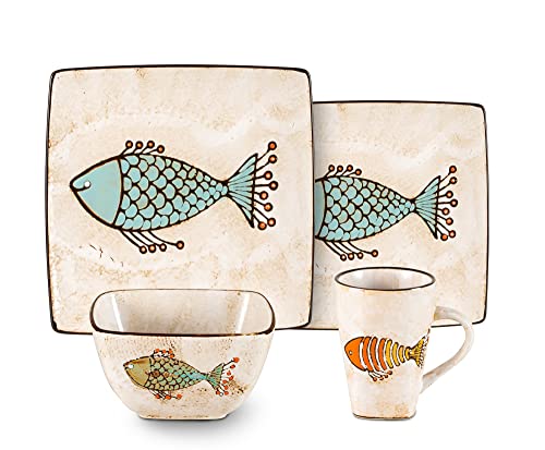 HomeVss, Stoneware Artisan Hand Painted Fish, 16pc Reactive Glaze Dinnerware Set