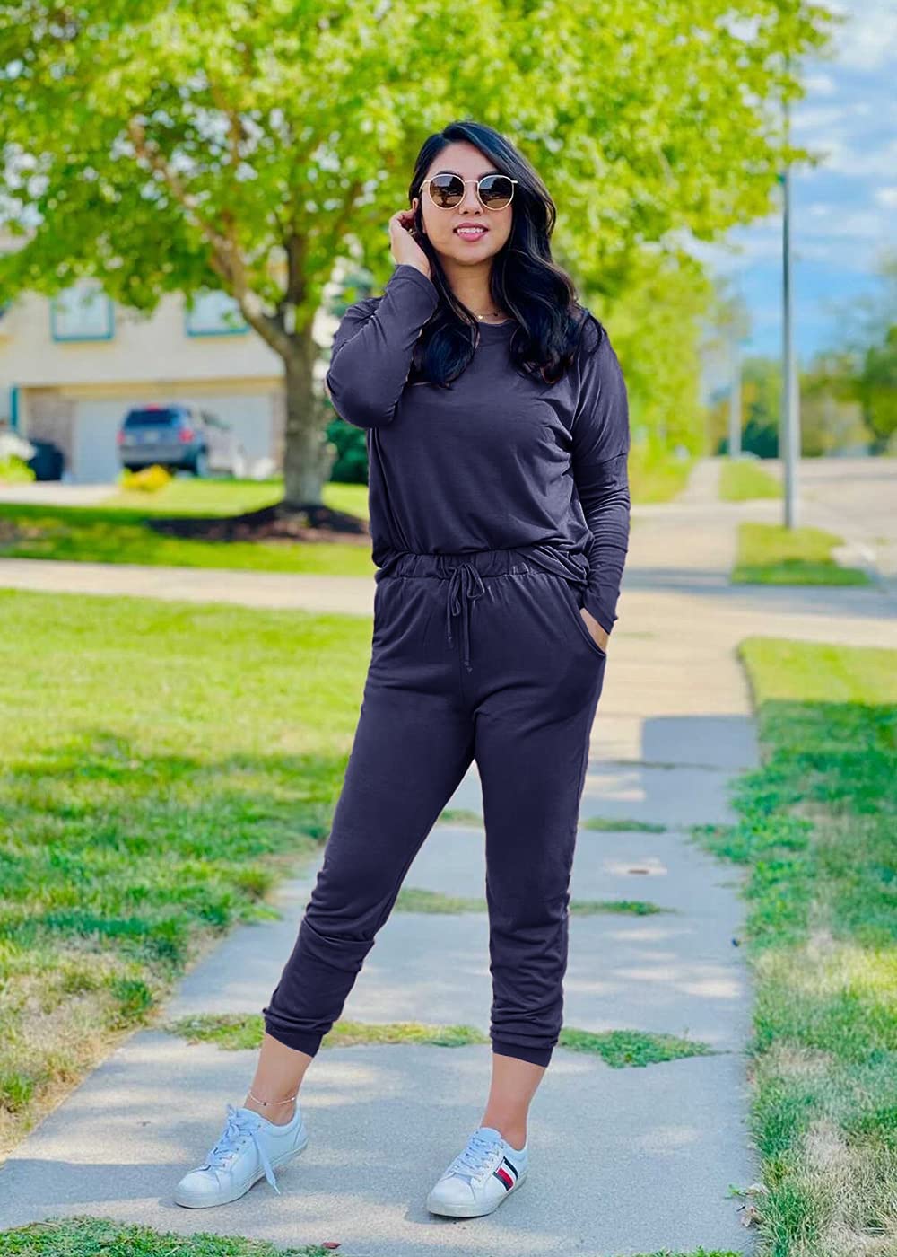 PRETTYGARDEN Women's Fall 2 Piece Lounge Outfit Long Sleeve Crewneck Pullover Tops High Waisted Pants Set Tracksuit (Navy,3X-Large)