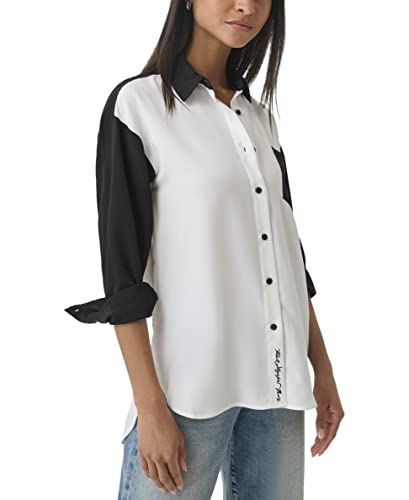 Karl Lagerfeld Paris Women's Soft Long Sleeve Colorblock Everyday Fashion Sport Blouse, White Black, X-Small