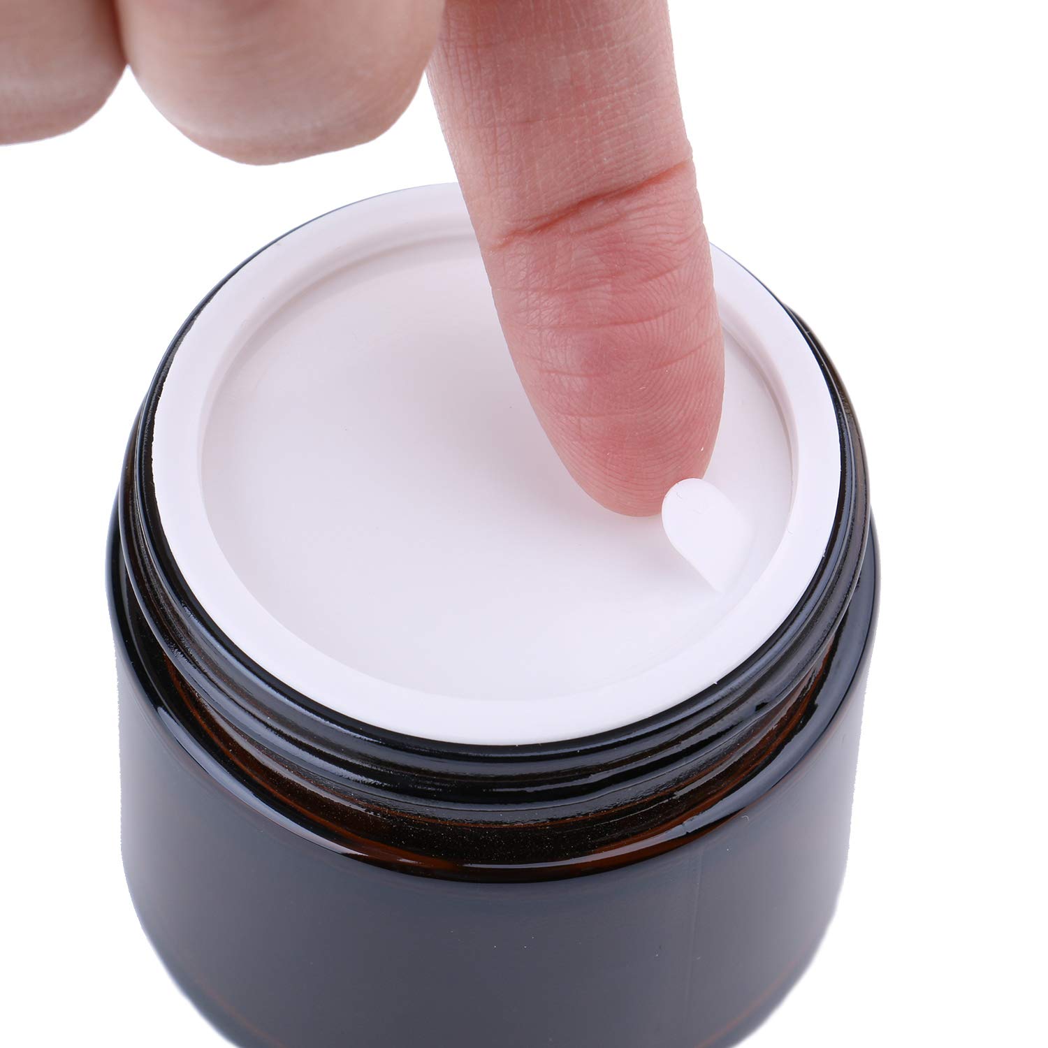 2 oz Round Glass Jars (6 Pack) - Empty Cosmetic Containers with Inner Liners, black Lids and Glass Sample Jars with lables (Amber) by THETIS Homes