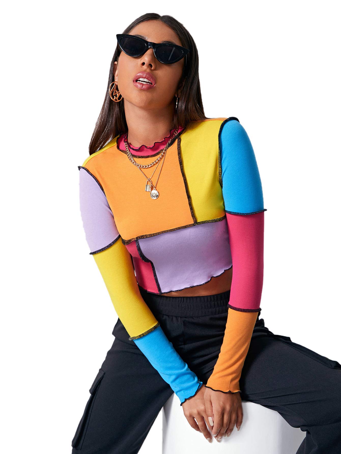 SweatyRocks Women's Color Block Ribbed Knit Slim Fitted Long Sleeve Crop Tee Shirt Top Tie Dye Orange Purple S