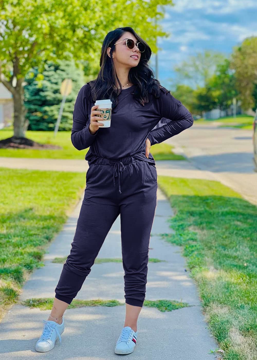 PRETTYGARDEN Women's Fall 2 Piece Lounge Outfit Long Sleeve Crewneck Pullover Tops High Waisted Pants Set Tracksuit (Navy,3X-Large)