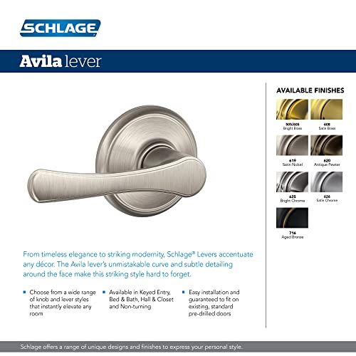 SCHLAGE F10 VLA 619 Avila Door Lever, Hall & Closet Passage Lock, Satin Nickel