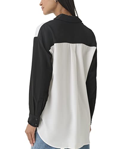 Karl Lagerfeld Paris Women's Soft Long Sleeve Colorblock Everyday Fashion Sport Blouse, White Black, X-Small