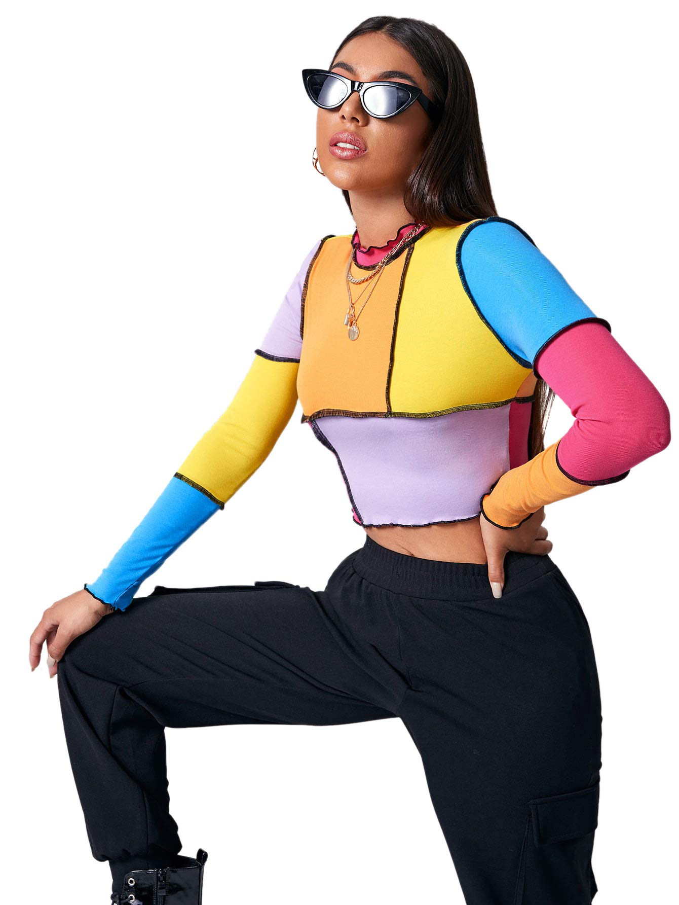 SweatyRocks Women's Color Block Ribbed Knit Slim Fitted Long Sleeve Crop Tee Shirt Top Tie Dye Orange Purple S