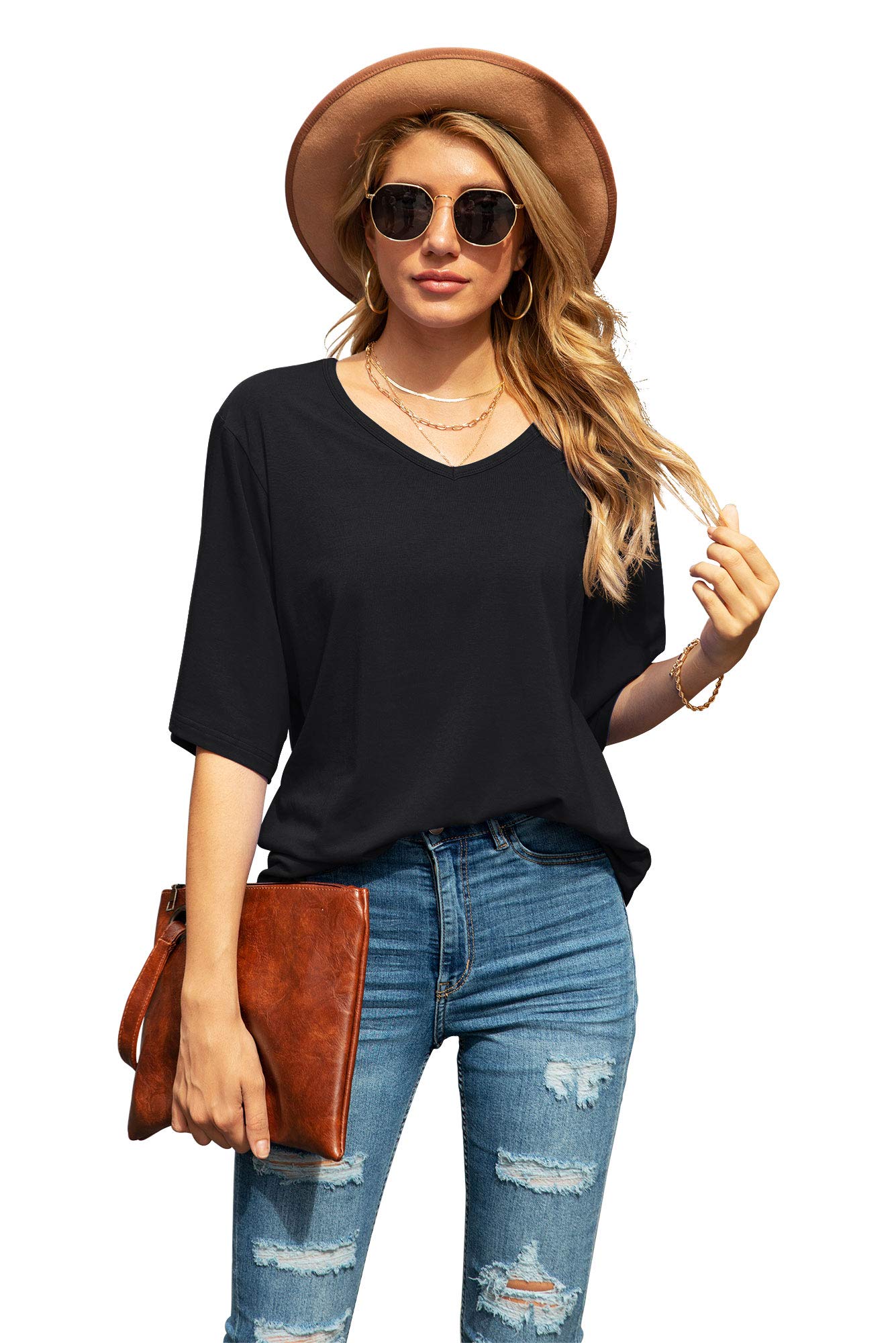 SUEANI Women's Summer V-Neck 3/4 Bell Sleeve Loose Shirt Casual Basic Top(Medium, Black)