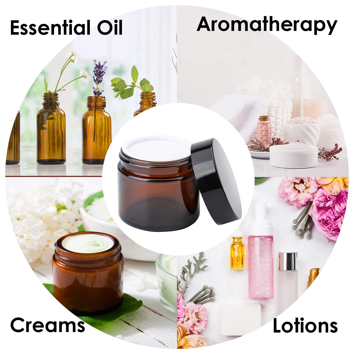 2 oz Round Glass Jars (6 Pack) - Empty Cosmetic Containers with Inner Liners, black Lids and Glass Sample Jars with lables (Amber) by THETIS Homes