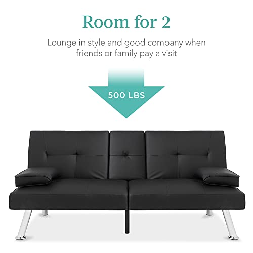 Best Choice Products Faux Leather Upholstered Modern Convertible Folding Futon Sofa Bed for Compact Living Space, Apartment, Dorm, Bonus Room w/Removable Armrests, Metal Legs, 2 Cupholders - Black