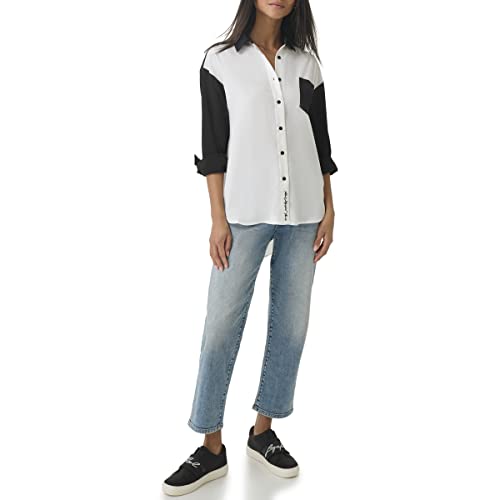 Karl Lagerfeld Paris Women's Soft Long Sleeve Colorblock Everyday Fashion Sport Blouse, White Black, X-Small