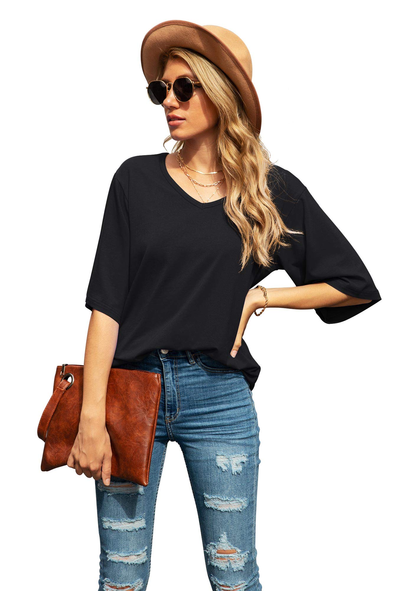 SUEANI Women's Summer V-Neck 3/4 Bell Sleeve Loose Shirt Casual Basic Top(Medium, Black)