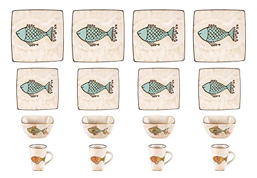 HomeVss, Stoneware Artisan Hand Painted Fish, 16pc Reactive Glaze Dinnerware Set